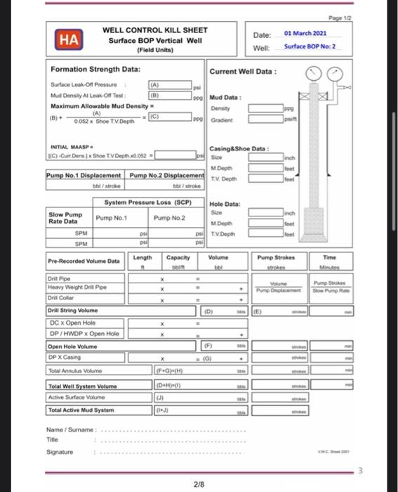 Solved Please fill in the blank "Well Control Kill Sheet" | Chegg.com
