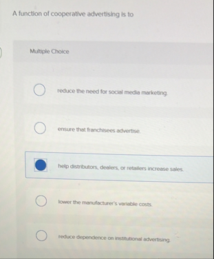 Solved A function of cooperative advertising is toMultiple | Chegg.com