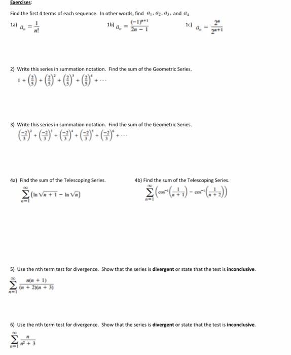 Solved Exercises: Find the first 4 terms of each sequence. | Chegg.com