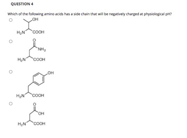 Solved QUESTION 4 Which of the following amino acids has a | Chegg.com