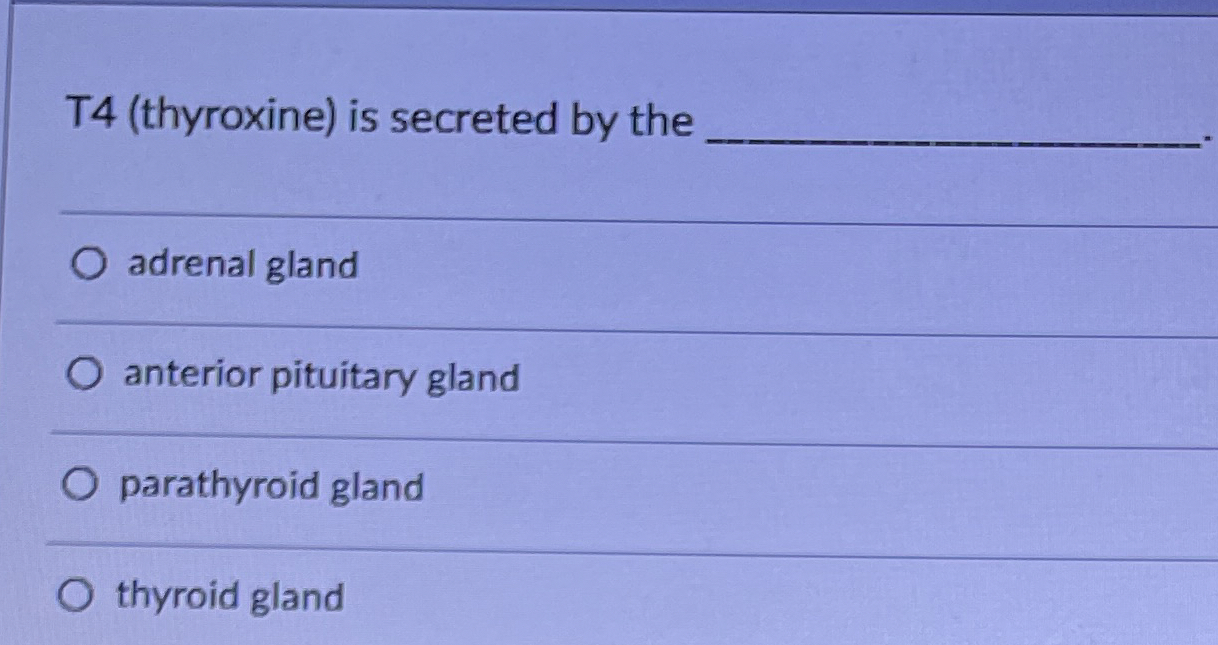 Solved T4 (thyroxine) ﻿is secreted by the q,adrenal | Chegg.com