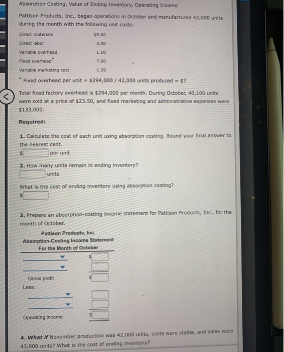 Solved Absorption Costing, Value of Ending Inventory, | Chegg.com