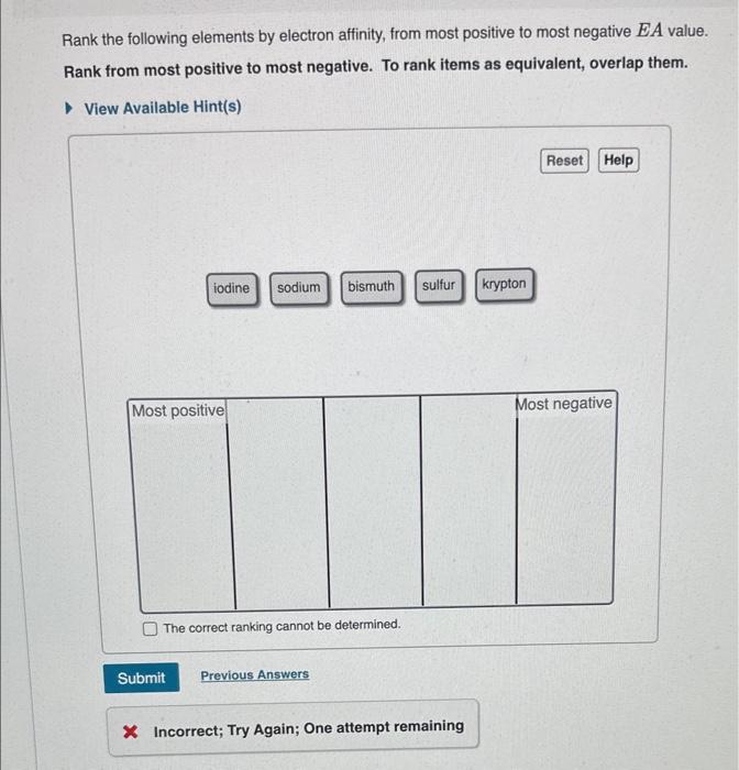 Solved Rank the following elements by electron affinity, | Chegg.com