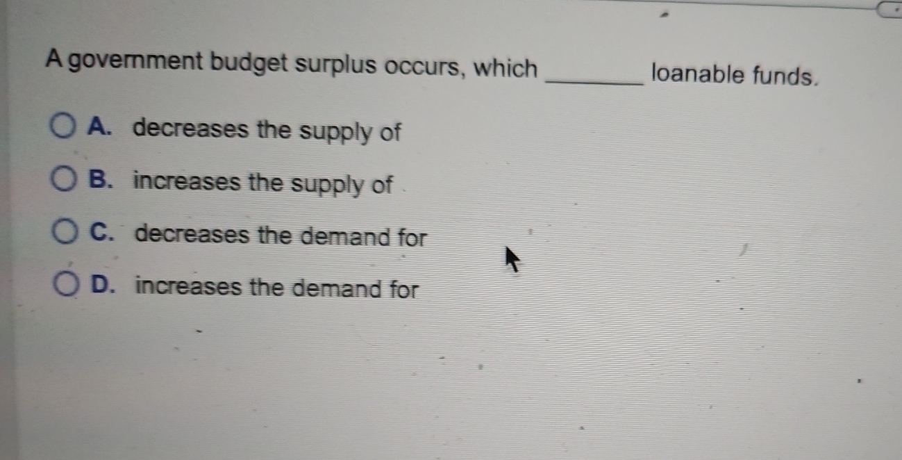 A government budget surplus occurs, whichA. | Chegg.com