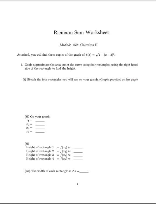 Solved Riemann Sum Worksheet Attached, you will find three | Chegg.com