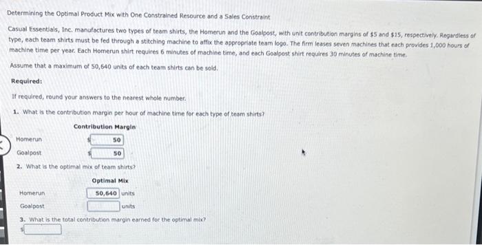 Solved Determining The Optimal Product Mix With One