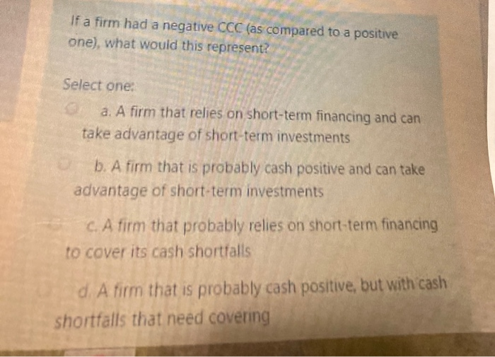 Solved If a firm had a negative CCC (as compared to a | Chegg.com
