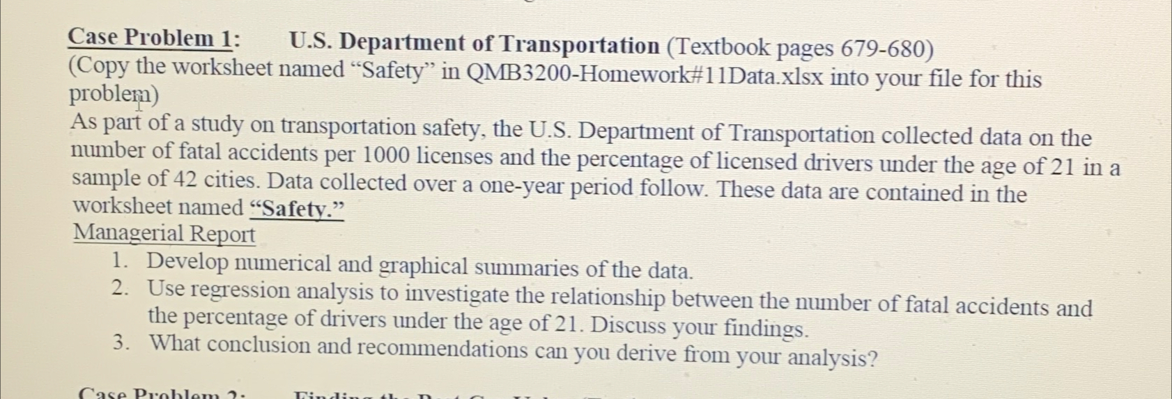 Solved Case Problem 1: U.S. ﻿Department of Transportation | Chegg.com