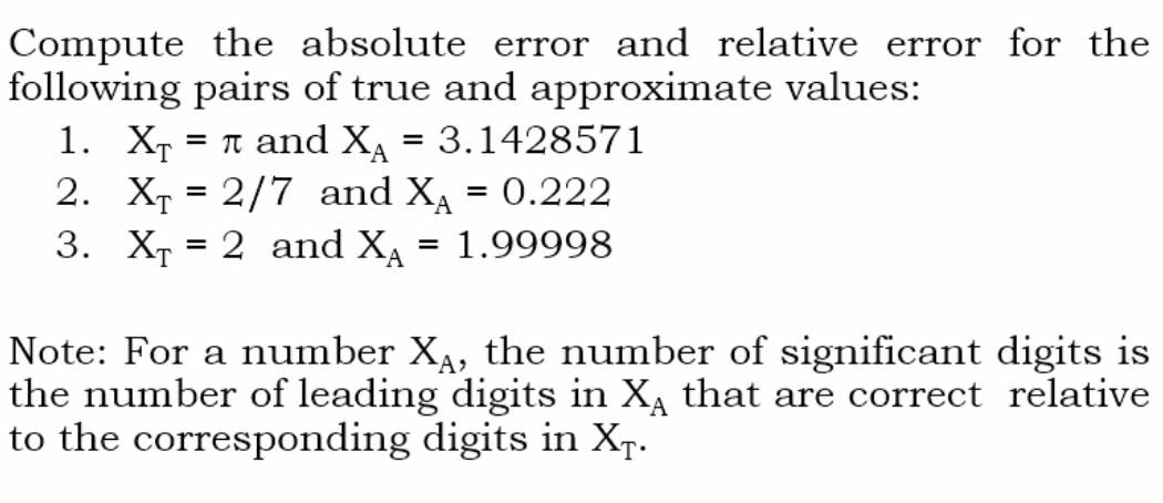 Solved Compute the absolute error and relative error for the | Chegg.com