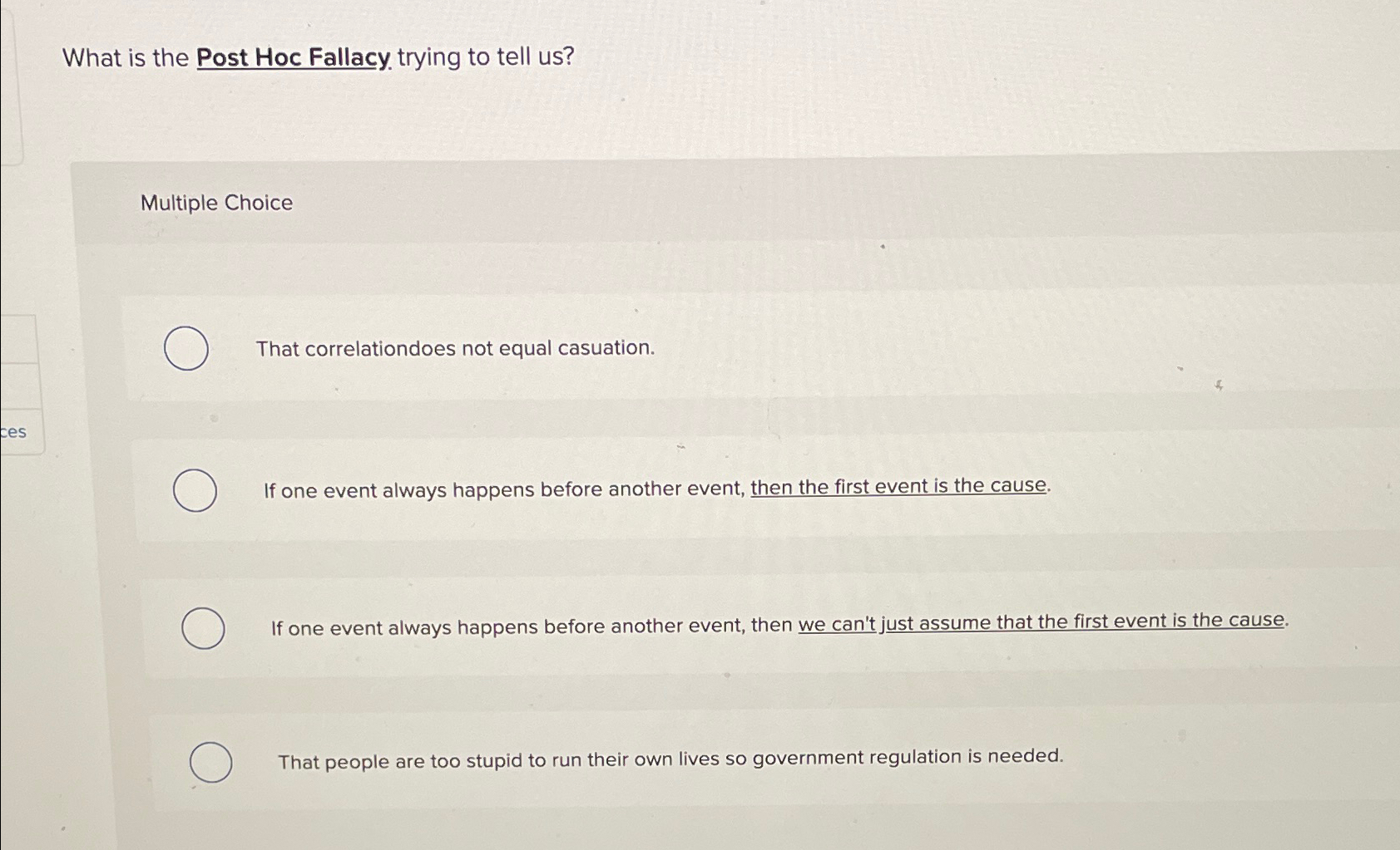 Solved What is the Post Hoc Fallacy. trying to tell | Chegg.com