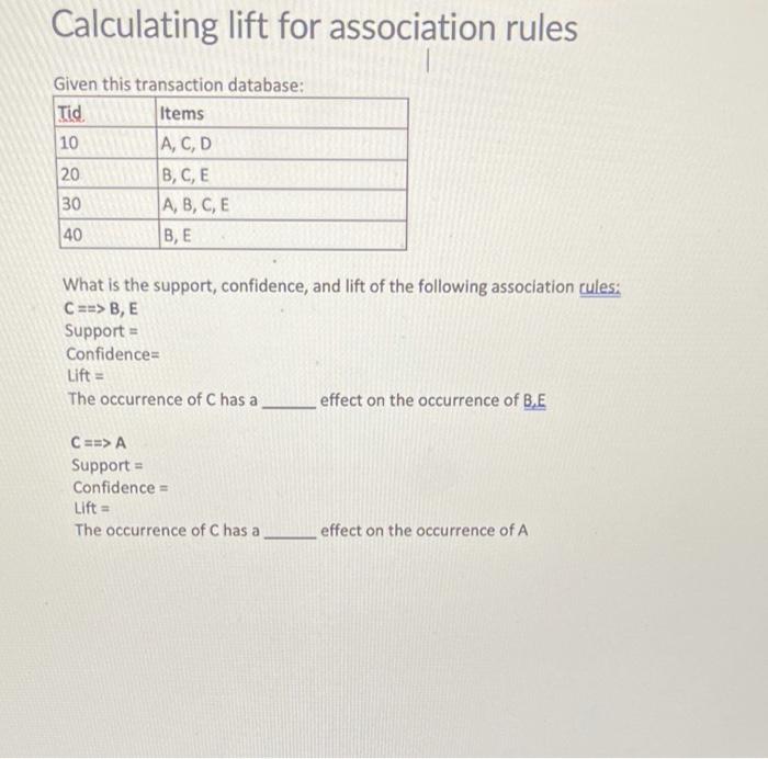 Solved Calculating lift for association rules Given this | Chegg.com