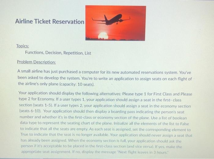 Solved Airline Ticket Reservation Topics: Functions, | Chegg.com