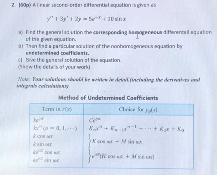 Solved 2. (60p) A linear second-order differential equation | Chegg.com