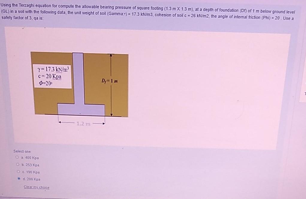 Solved Using the Terzaghi equation for compute the allowable | Chegg.com