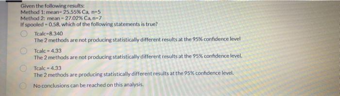 Solved Given the following results: Method 1: mean-25.55\% | Chegg.com