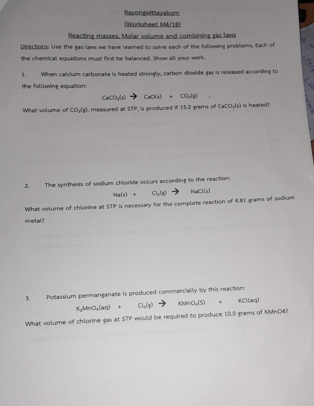 Solved Reacting masses, Molar volume and combining gas laws | Chegg.com