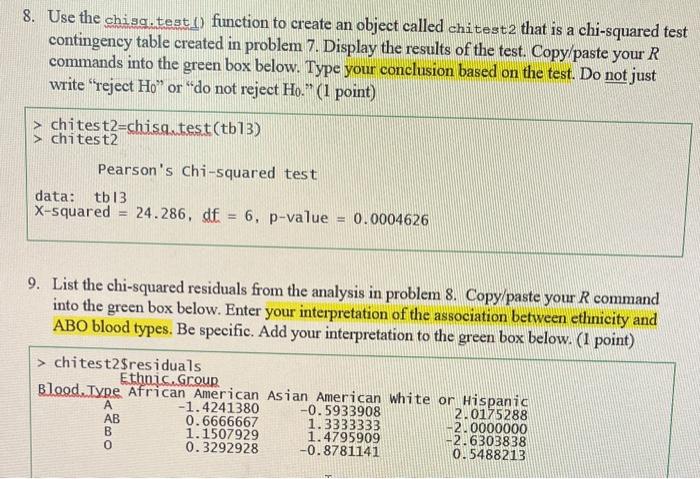Solved 8. Use the chisq.test () function to create an object | Chegg.com