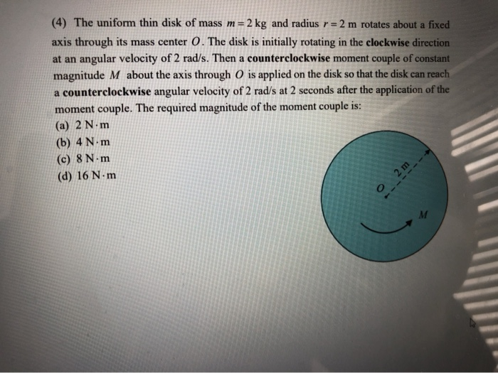 Solved (4) The uniform thin disk of mass m = 2 kg and radius | Chegg.com