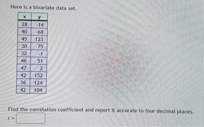 Solved Here is a bivariate data set. Find the correlation | Chegg.com