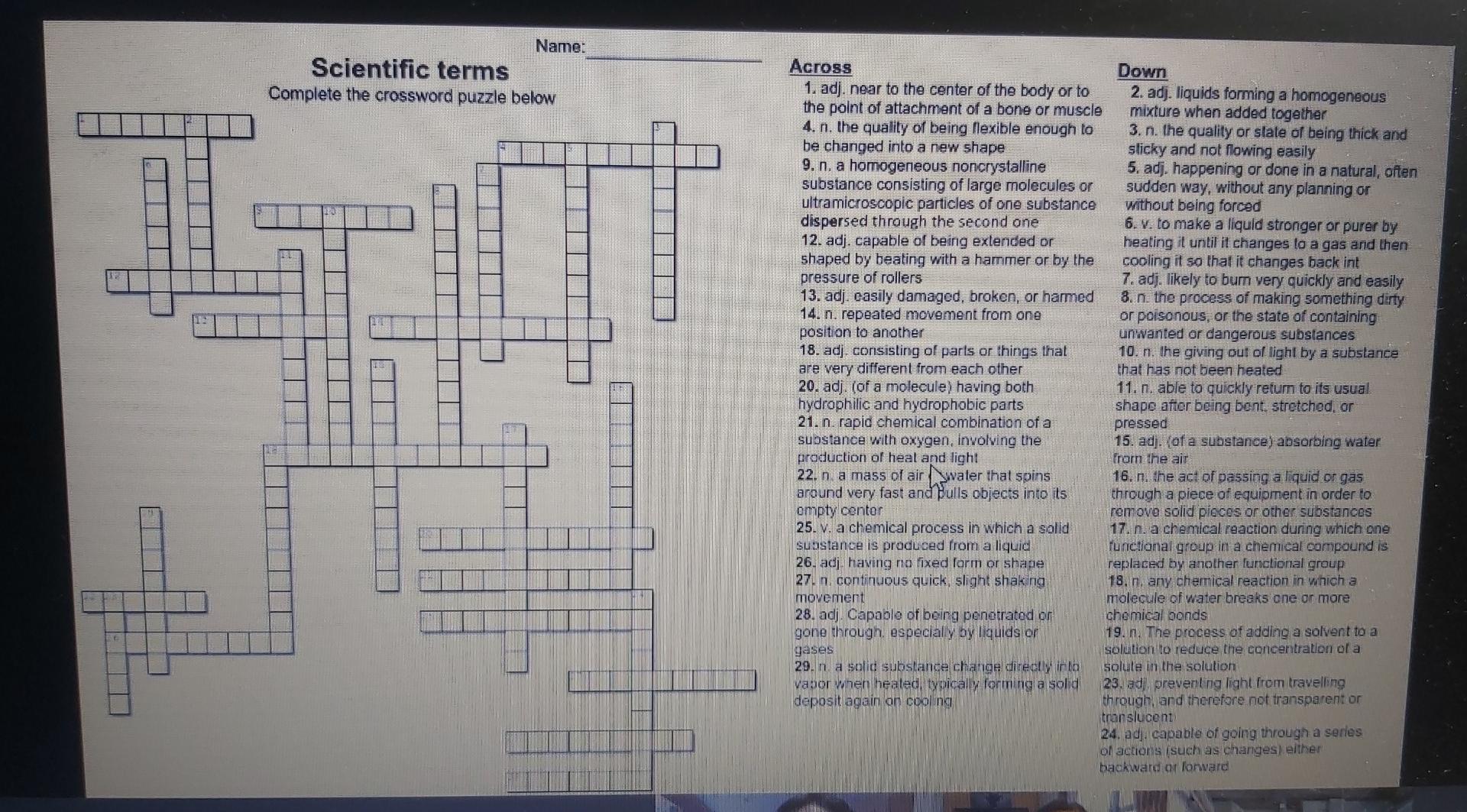 Name: Scientific terms Complete the crossword puzzle | Chegg.com