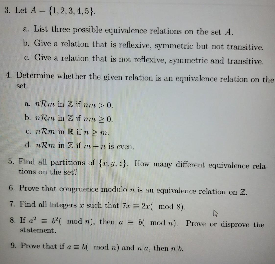Solved 3. Let A={1,2,3,4,5}. a. List three possible | Chegg.com