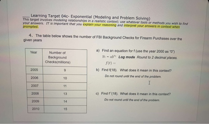 Solved Learning Target 04c-Exponential (Modeling and Problem | Chegg.com