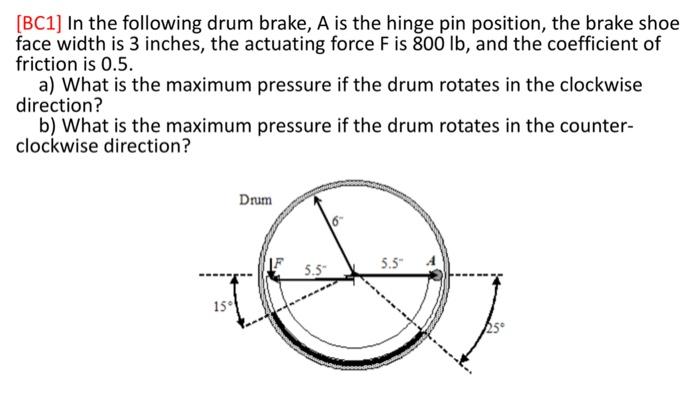 Solved [BC1] In the following drum brake, A is the hinge pin | Chegg.com