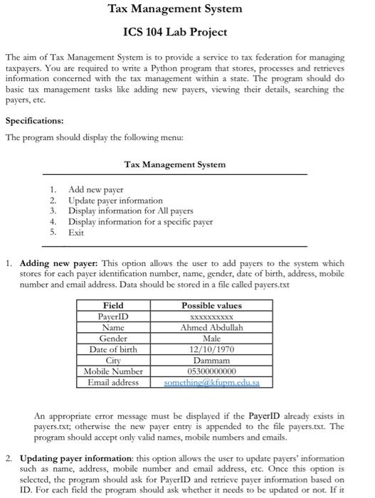 Solved The aim of Tax Management System is to provide a | Chegg.com