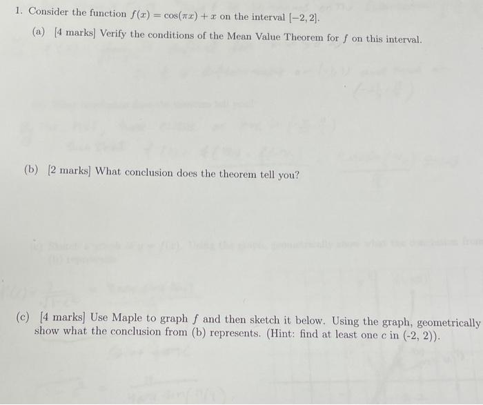Solved 1. Consider the function f(x)=cos(πx)+x on the | Chegg.com