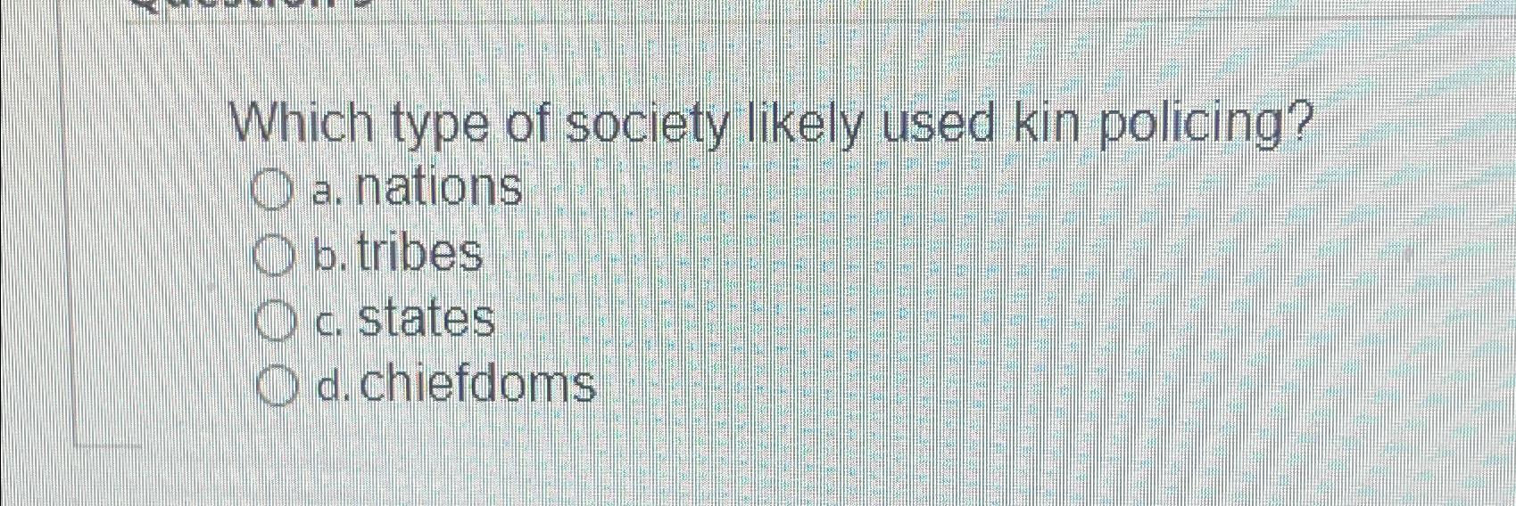 Solved Which type of society likely used kin policing?a. | Chegg.com