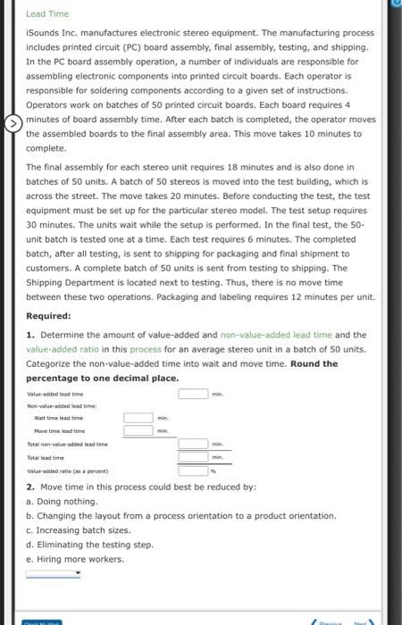 Solved Lead Time iSounds Inc. manufactures electronic stereo | Chegg.com