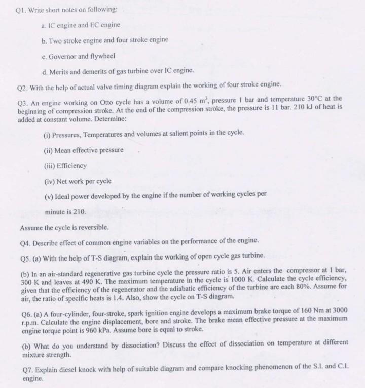 Solved Q1. Write short notes on following: a. IC engine and | Chegg.com