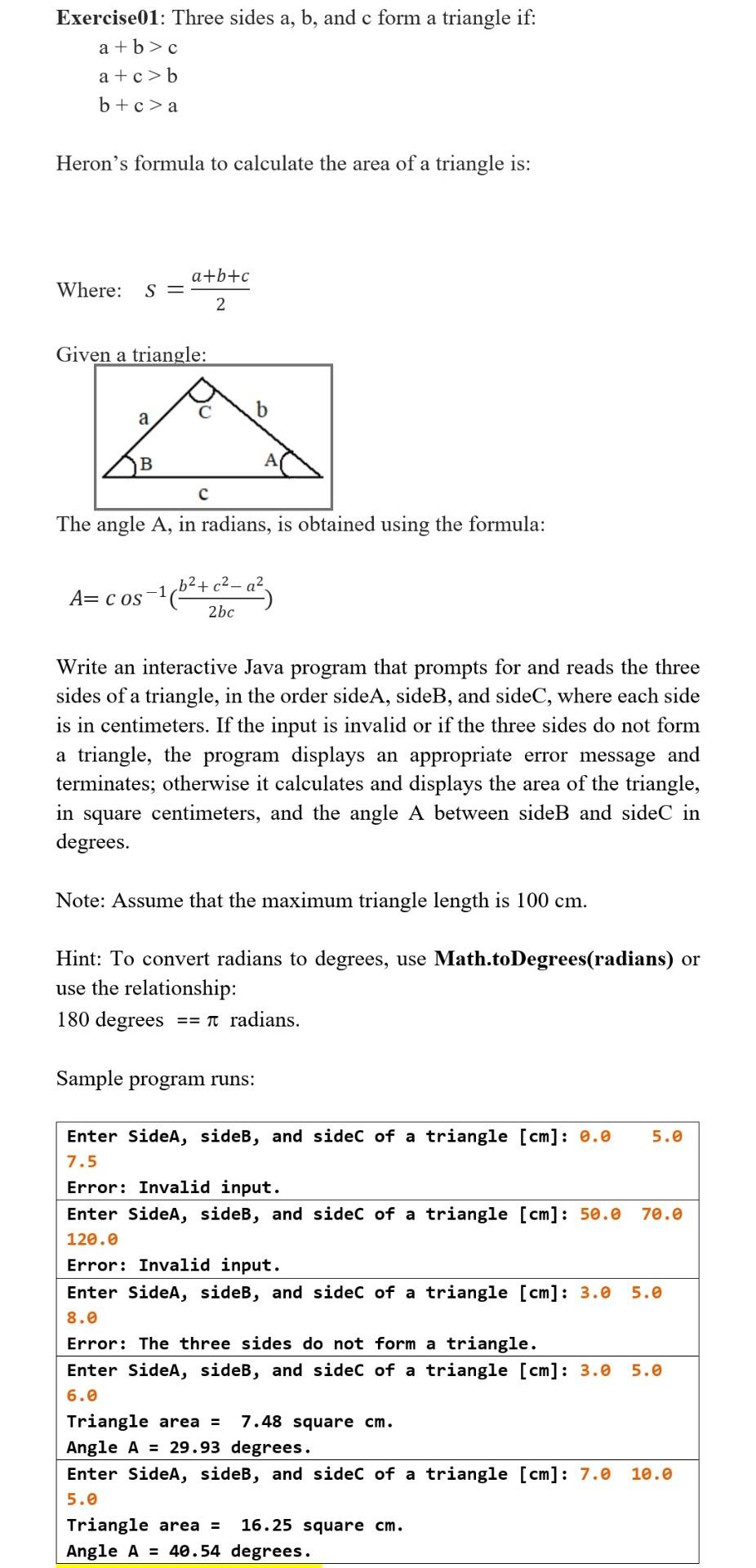 Solved Exercise01: Three sides a, b, and c form a triangle | Chegg.com
