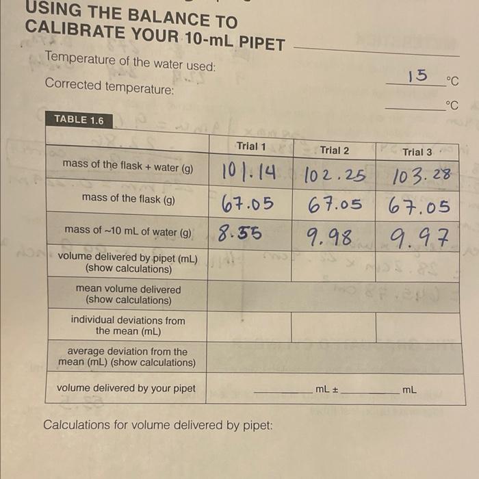 Solved USING THE BALANCE TO CALIBRATE YOUR 10-mL PIPET | Chegg.com
