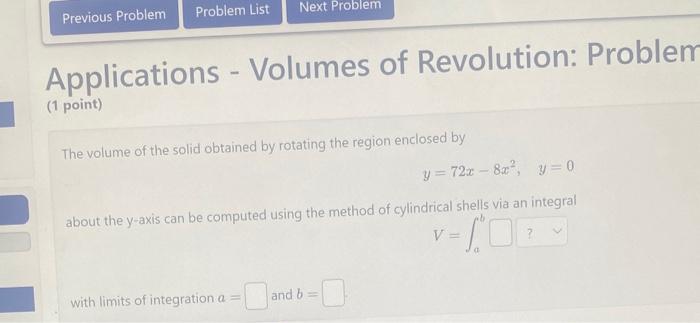 Solved Applications - Volumes of Revolution: Problem 2 (1 | Chegg.com