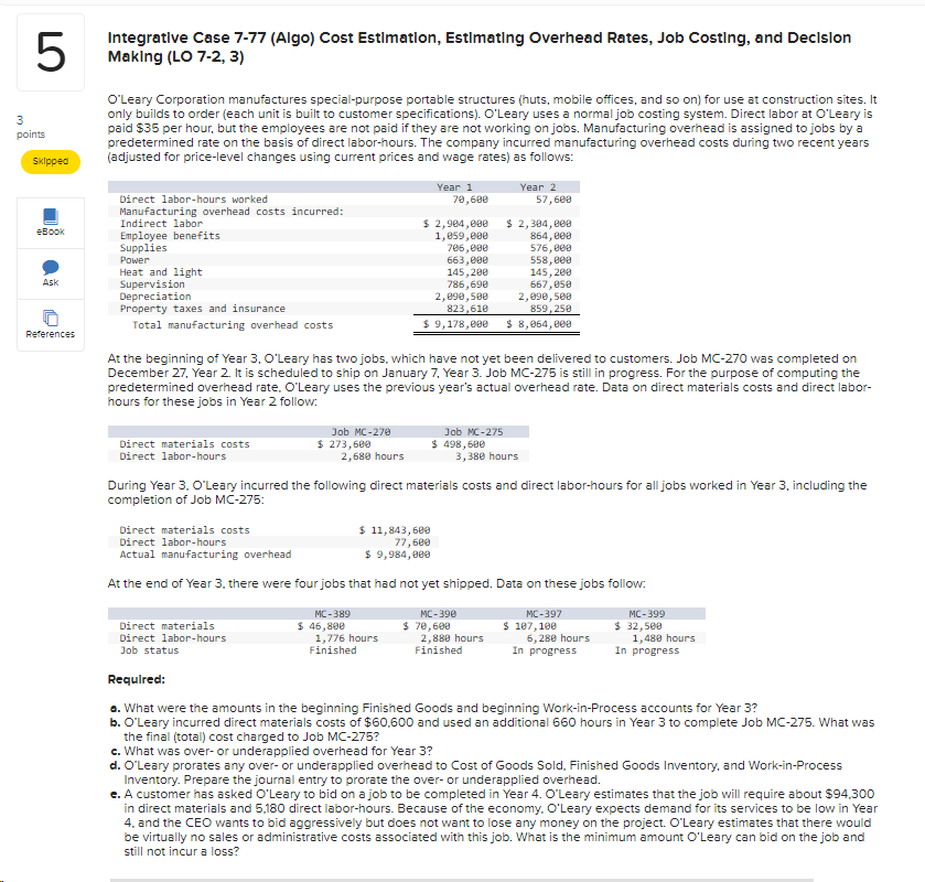 Solved Integrative Case 7-77 (Algo) ﻿Cost Estimation, | Chegg.com