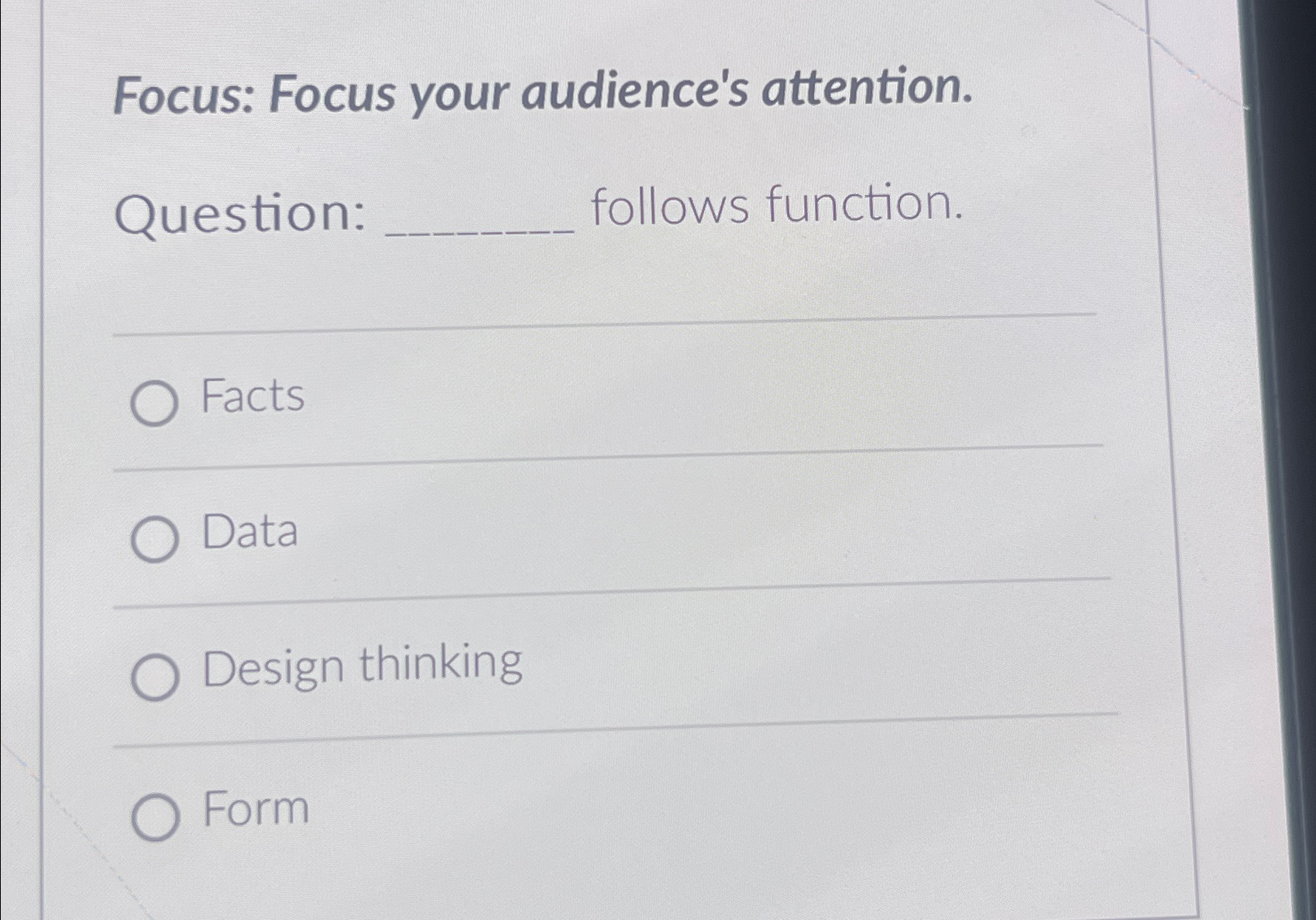 Solved Focus: Focus your audience's attention.uestion: | Chegg.com
