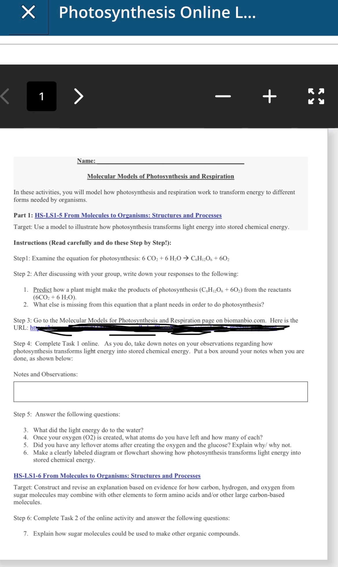 Solved Photosynthesis Online L...1>tName:Molecular Models of | Chegg.com