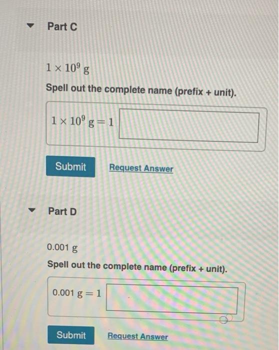 Solved Part A 1x 10-12 g Spell out the complete name (prefix | Chegg.com