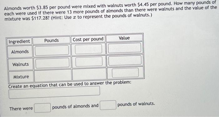 Solved Almonds worth $3.85 per pound were mixed with walnuts | Chegg.com
