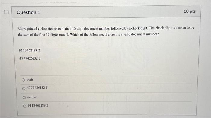 Solved Many printed airline tickets contain a 10-digit | Chegg.com