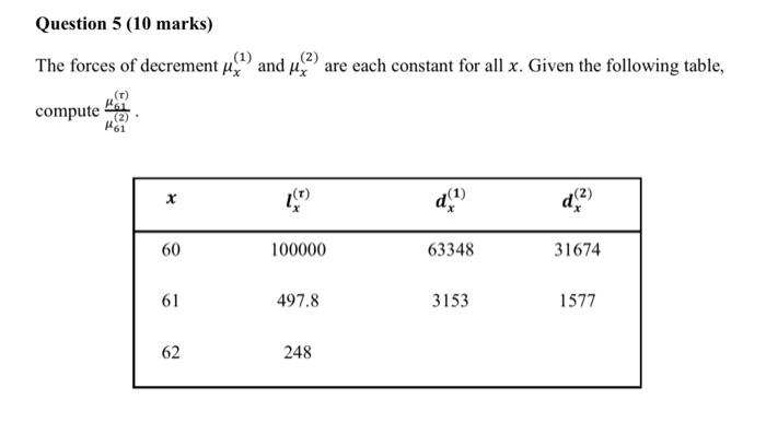 Solved Question 5 (10 marks) The forces of decrement and us? | Chegg.com