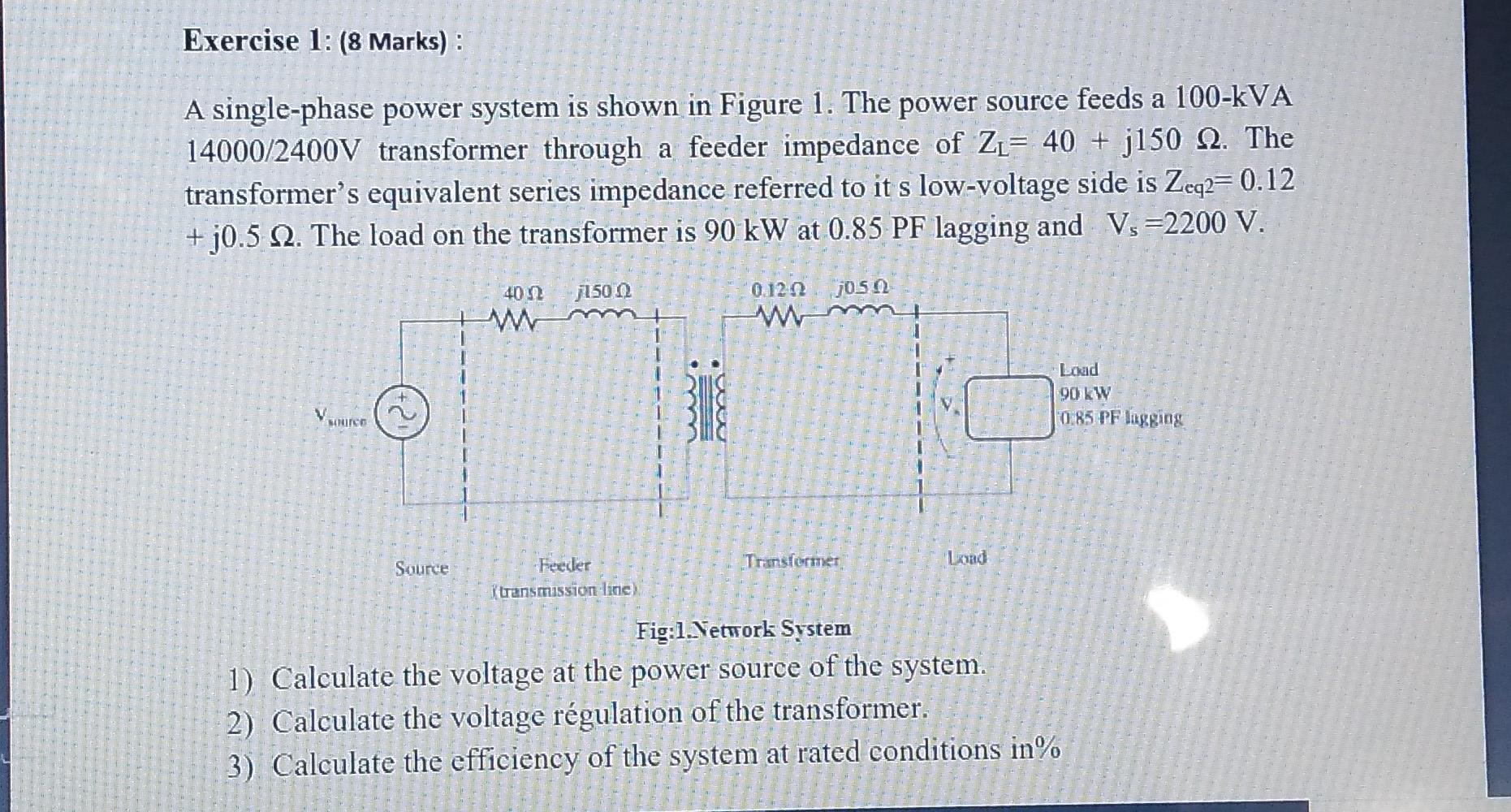 Solved Exercise 1: (8 Marks): A single-phase power system is | Chegg.com
