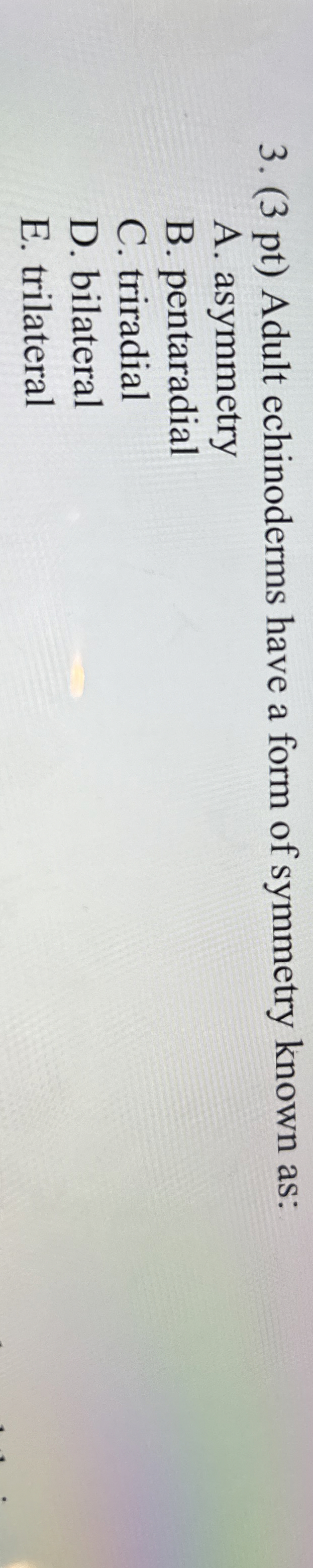 Solved (3 ﻿pt) ﻿Adult echinoderms have a form of symmetry | Chegg.com