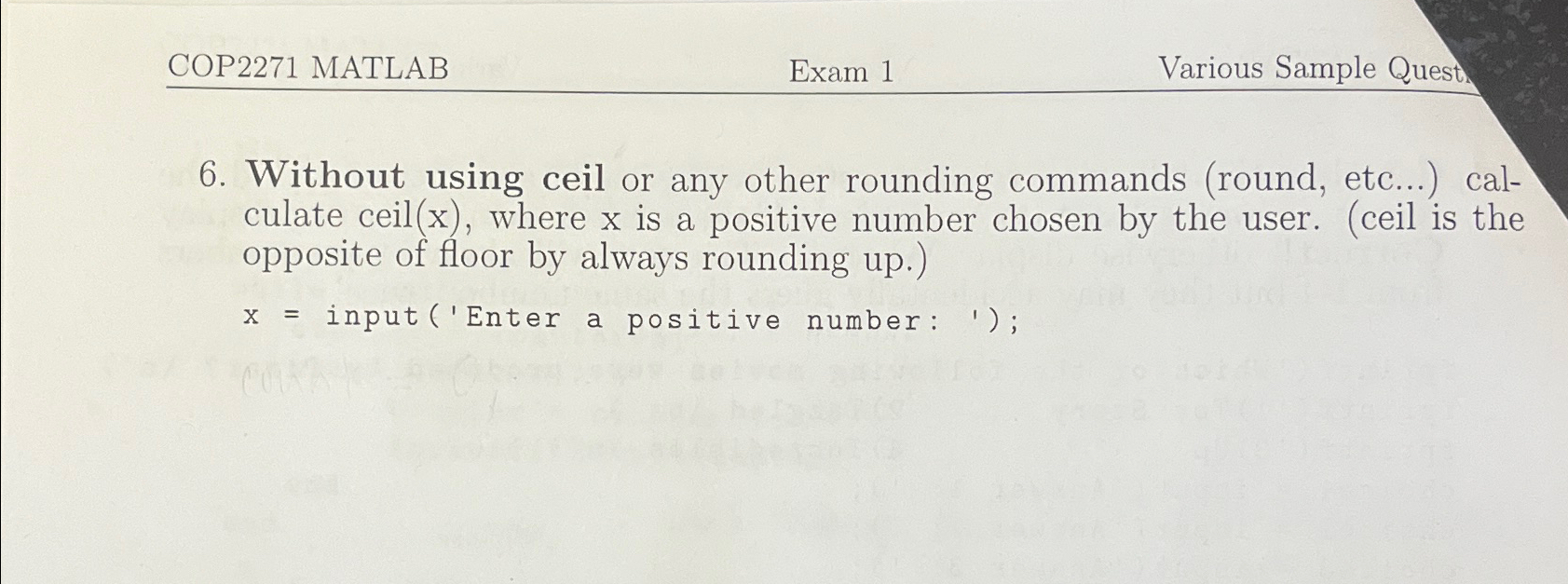 Solved COP2271 ﻿MATLABExam 1Various Sample Quest6. ﻿Without | Chegg.com