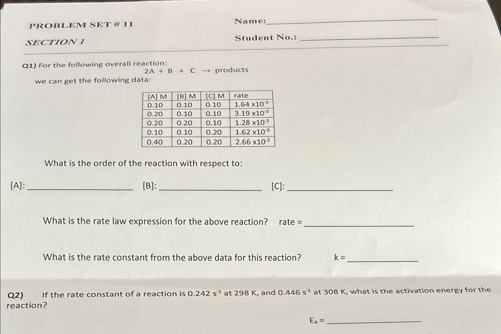 PROBLEM SET # 11SECTION IName:Student No.:Q1) ﻿For | Chegg.com