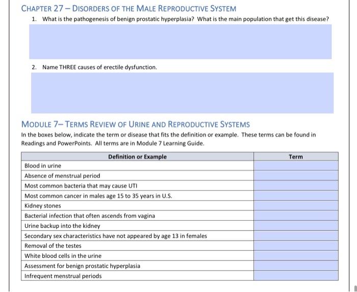Solved MODULE 7-TERMS REVIEW OF URINE AND REPRODUCTIVE | Chegg.com