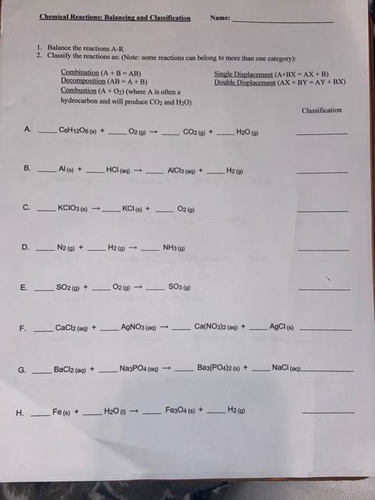 Solved Chemical Reactions Balancing and Classification Name: | Chegg.com