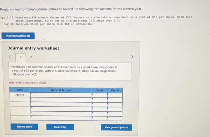Solved repare Riley Company's journal entries to record the | Chegg.com