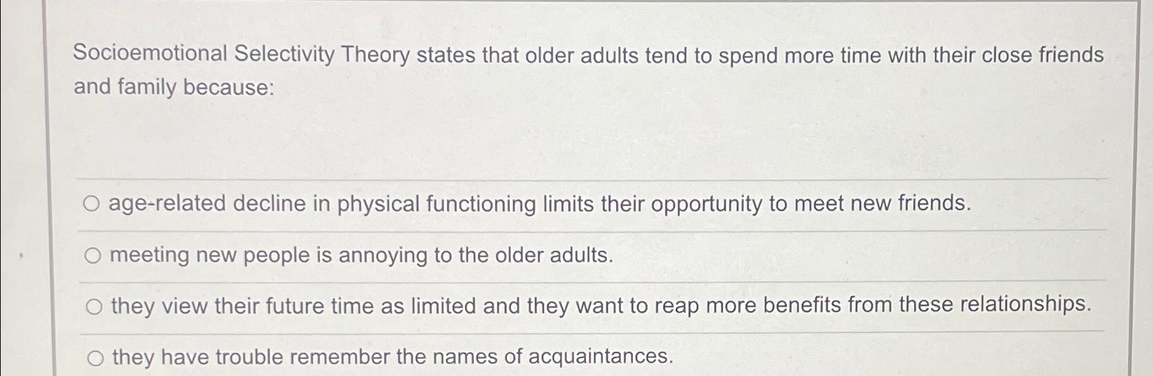 Solved Socioemotional Selectivity Theory states that older | Chegg.com